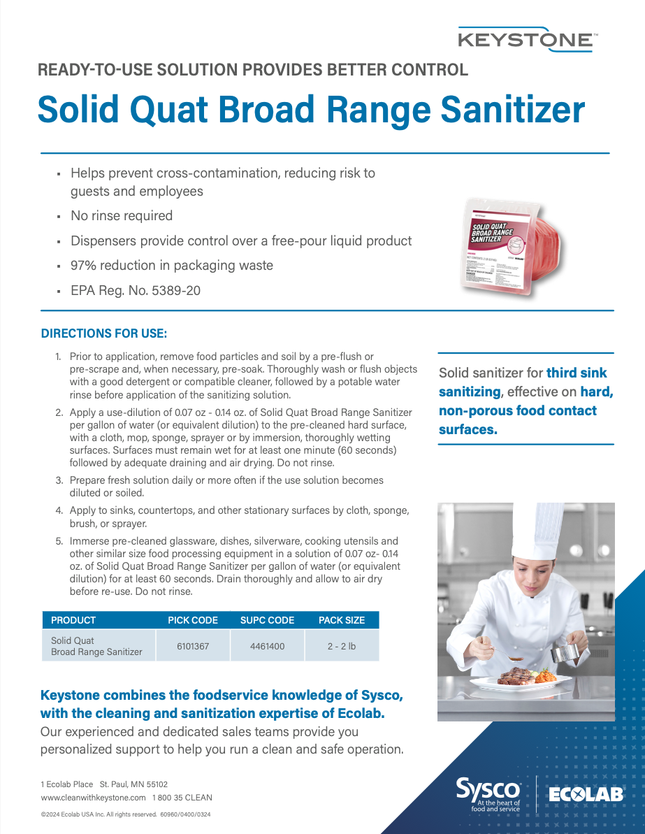 Keystone Solid Quat Broad Range Sanitizer Sell Sheet
